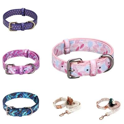 China Custom Printed Harness Leash Set Pu Leather Dog Collar Leash Set for sale