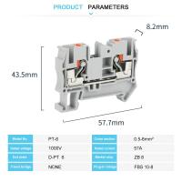 China PT6 Push-in Terminal Block Din Rail 6mm² Screwless Spring Feed-Through Connector Wire Electrical Strip Plug for sale