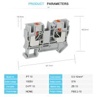 China PT10 Push-in Terminal Block Din Rail 10mm² Wire Electrical Connector 1000V 57A Spring Screwless Feed-Through Strip for sale