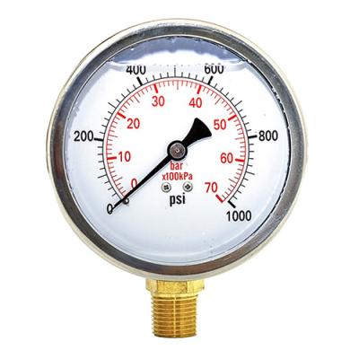 China 4 Inch Liquid Filled Pressure Gauge 0-1000 psi 1/2 NPT Stainless Steel Case for sale