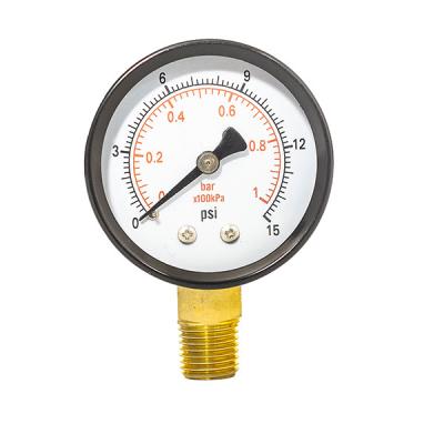 China 2 inch 15 psi Water Pressure Gauge 0-1 bar 1/4 NPT Lower Mount Brass Connection for sale