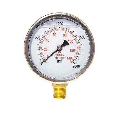 China 4 inch Liquid Filled Pressure Gauge 0-2000 psi Stainless Steel Case 1/2 NPT Lower Mount for sale