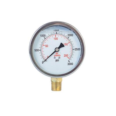China 4 Inch Liquid Filled Pressure Gauge 0-3000 psi Stainless Steel Case 1/2 NPT Lower Mount for sale