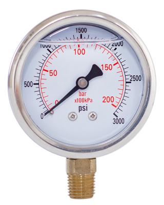 China 2.5 Inch Liquid Filled Pressure Gauge 0-3000 Psi 1/4 NPT Brass Internal Stainless Steel Case for sale