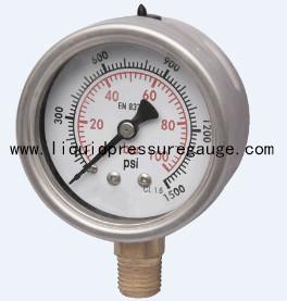 China 63mm Glycerin Pressure Gauge 1500 Psi 1/4 NPT Lower Mount Stainless Steel Case for sale