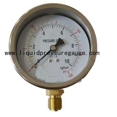 China 150 psi Liquid Filled Pressure Gauge 4 Inch Dial 1/2 NPT Lower Mount Brass Connection for sale