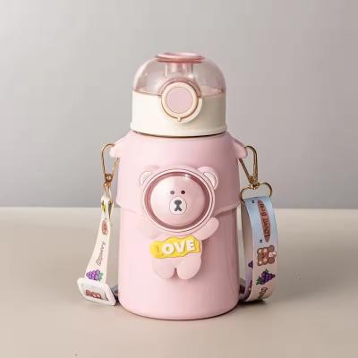 China Children Insulated Straw Water Cup 500ml PP Material with Strap Cute Cartoon Bear Design for sale
