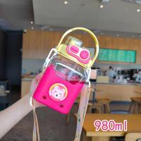 China Wholesale Children Drinking Water Bottle 980ml Portable Square Straw Cup with Carrying Strap for sale