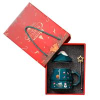 China 7x12.5cm Ceramic Coffee Mug 500ml with Lid and Spoon Festive Christmas Tree Design Gift Box for sale