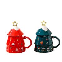 China Christmas Tree Shape Ceramic Milk Coffee Cup with Spoon and Gift Box 3D Holiday Decor for sale