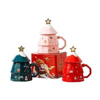 China Christmas Tree Shape Ceramic Milk Coffee Cup with Spoon and Gift Box 3D Holiday Decor for sale