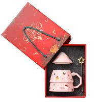 China 7x12.5cm Pink Ceramic Tea Cup Coffee Mug Gift Set with Mirror Cover Christmas Tree Design 500ml for sale