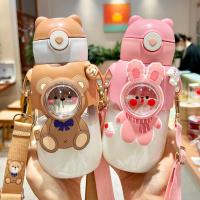 China 520ml Cute Cartoon Plastic Kids Water Bottle with Straw and Strap Portable Student Cup for sale