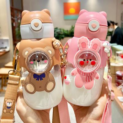 China 520ml Cute Cartoon Plastic Kids Water Bottle with Straw and Strap Portable Student Cup for sale