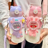 China 520ml Cute Cartoon Plastic Kids Water Bottle with Straw and Strap Portable Student Cup for sale