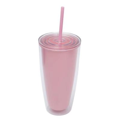 China Double Wall 750ml Plastic Water Bottle with Lid and Straw Coffee Tumbler 24oz for sale