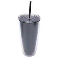 China Double Wall 750ml Plastic Water Bottle with Lid and Straw Coffee Tumbler 24oz for sale