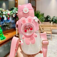 China 520ml Cute Cartoon Plastic Kids Water Bottle with Straw and Strap Portable Student Cup for sale