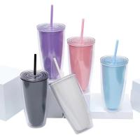 China Double Wall 750ml Plastic Water Bottle with Lid and Straw Coffee Tumbler 24oz for sale