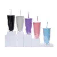 China Double Wall 750ml Plastic Water Bottle with Lid and Straw Coffee Tumbler 24oz for sale