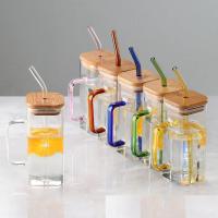 China 400ml Square Glass Drinking Cup for Kids with Colored Handle Bamboo Lid and Glass Straw for sale