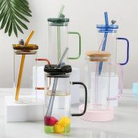 China 400ml Square Glass Drinking Cup for Kids with Colored Handle Bamboo Lid and Glass Straw for sale