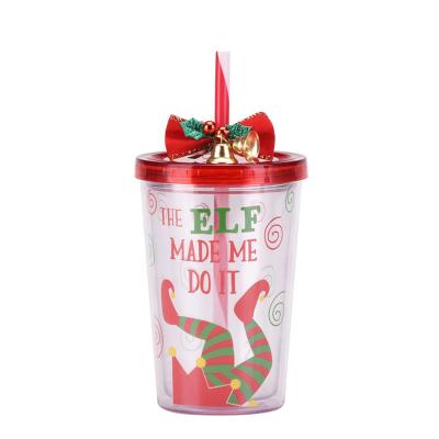China Double-layer BAP FREE Plastic Christmas Design Straw Drinking Water Cup with Bell 115g for sale