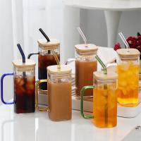 China 400ml Square Glass Drinking Cup for Kids with Colored Handle Bamboo Lid and Glass Straw for sale