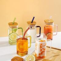 China 400ml Square Glass Drinking Cup for Kids with Colored Handle Bamboo Lid and Glass Straw for sale
