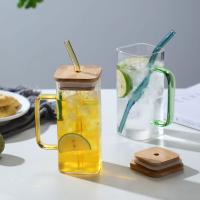 China 400ml Square Glass Drinking Cup for Kids with Colored Handle Bamboo Lid and Glass Straw for sale