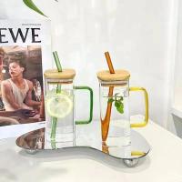 China 400ml Square Glass Drinking Cup for Kids with Colored Handle Bamboo Lid and Glass Straw for sale