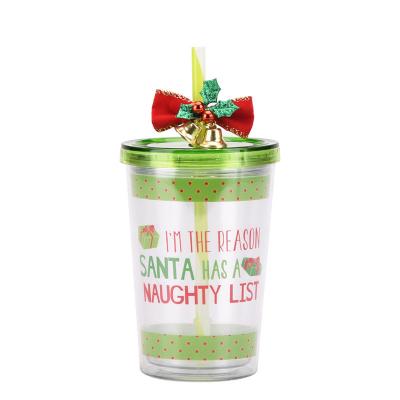 China Double Layer Plastic Straw Drinking Cup 10OZ Christmas Bell Design BPA Free for sale