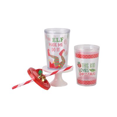 China 10oz Double Layer Plastic Straw Cup with Bell Christmas Design BPA Free 8.7x12.3cm for sale