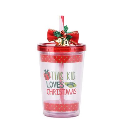 China Christmas Design Double-layer Plastic BAP FREE Straw Drinking Water Cup with Bell for sale