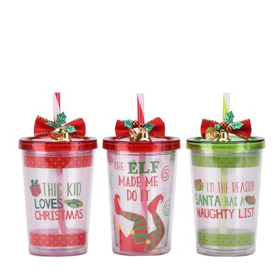 China Double-layer BAP FREE Plastic Straw Drinking Water Cup with Bell 2024 Christmas Gift for sale