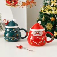China Christmas Gift Ceramic Cup with Lid Spoon 480ml Red Green Snowman Bell for sale