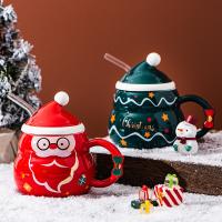 China Christmas Gift Ceramic Cup with Lid Spoon 480ml Red Green Snowman Bell for sale
