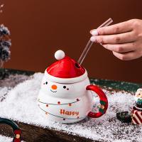 China Christmas Gift Ceramic Cup with Lid Spoon 480ml Red Green Snowman Bell for sale