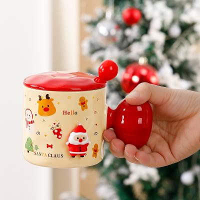 China Custom 3D Christmas Ceramic Mug 380ml with Lid Spoon Sublimation Gift for sale