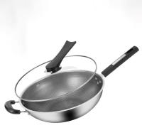 China Antibacterial 304 Stainless Steel Non-stick Wok 32cm 34cm with Glass Lid for sale