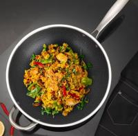 China Antibacterial 304 Stainless Steel Non-stick Wok 32cm 34cm with Glass Lid for sale