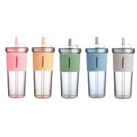 China Custom Logo Double Wall Plastic Water Bottle 700ml with Silicone Sleeve for Outdoor Camping for sale