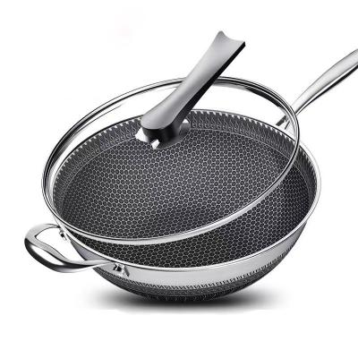 China 316 Stainless Steel Wok with Glass Cover 30cm 32cm 34cm 36cm Honeycomb Nonstick Fry Pan for sale