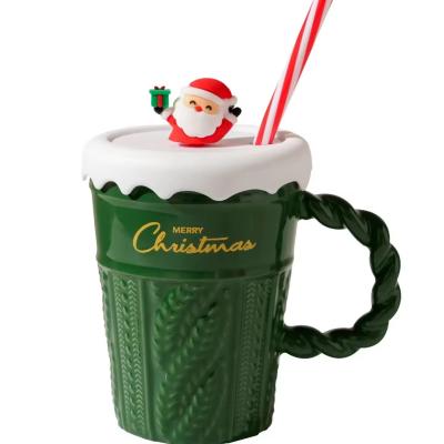 China Christmas Ceramic Mug 400ml with Lid and Straw for Office Home Drinking Gift for sale