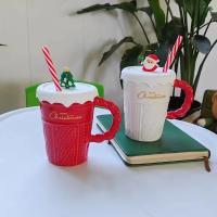 China Christmas Ceramic Mug 400ml with Lid and Straw for Office Home Drinking Gift for sale