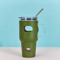 China Food Grade 32oz Glass Tumbler with Wooden Lid and Straw 960ml High Borosilicate for sale