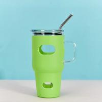 China Food Grade 32oz Glass Tumbler with Wooden Lid and Straw 960ml High Borosilicate for sale