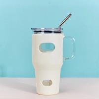 China Food Grade 32oz Glass Tumbler with Wooden Lid and Straw 960ml High Borosilicate for sale