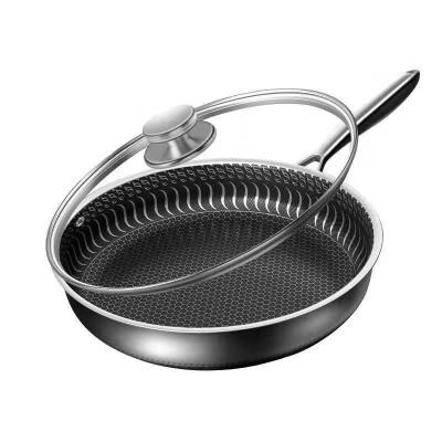 China Nonstick Tri-ply Honeycomb Frying Pan 28cm Stainless Steel Wok with Glass Lid for sale