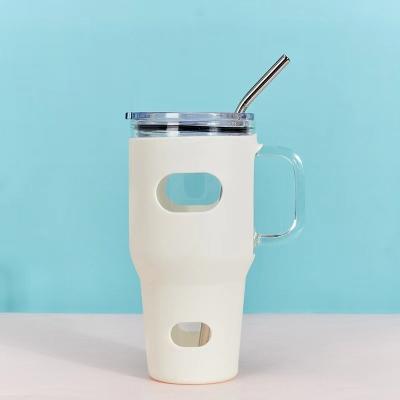 China 32oz 960ml High Borosilicate Glass Tumbler with Wooden Lid and Straw for Outdoor Activities for sale